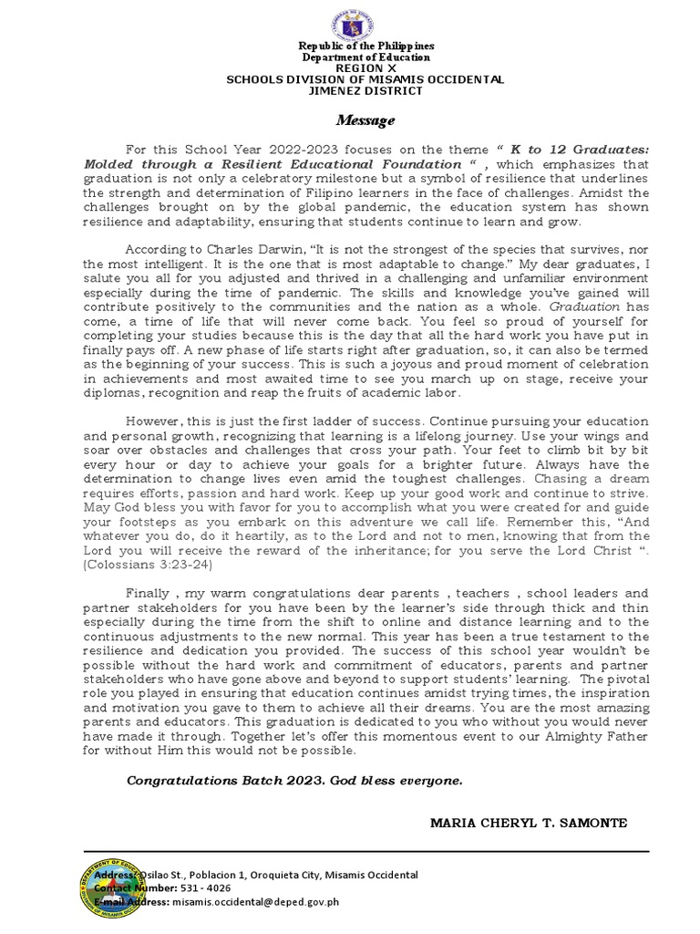 Graduation Message | PDF | Behavior Modification Graduation Message | PDF | Behavior Modification
