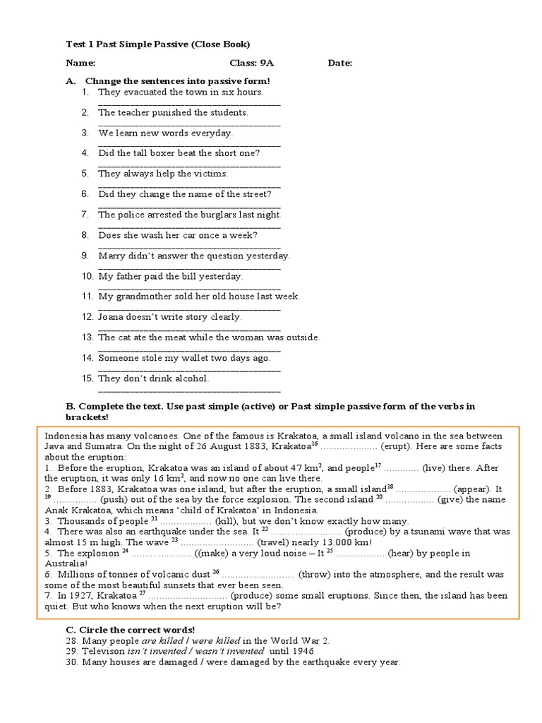 Test 1 Past Simple Passive | PDF | Disasters | Geological Hazards