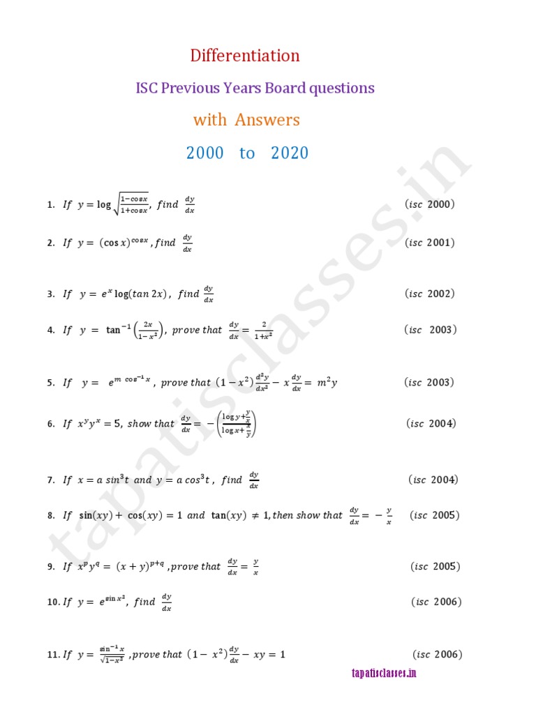Differentiation. Previous Years Board Questions 2000 To 2020 With Answers of Isc Class 12 Maths ...