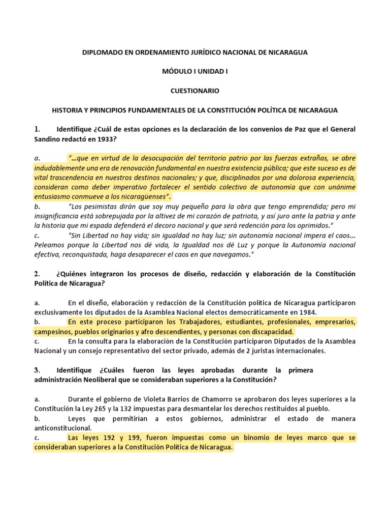 Cuest. Mód. I Uni. I Resuelto | PDF | Nicaragua | Constitución