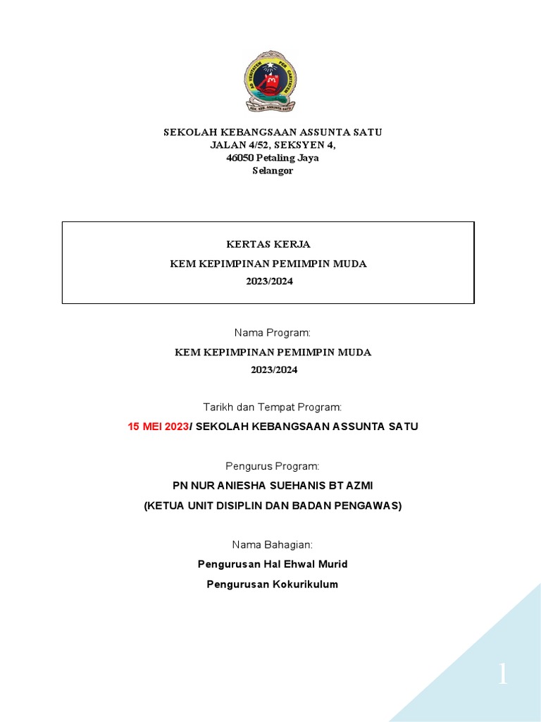 Kertas Kerja Kem Kepimpinan Pemimpin Muda Tahun 2023 | PDF