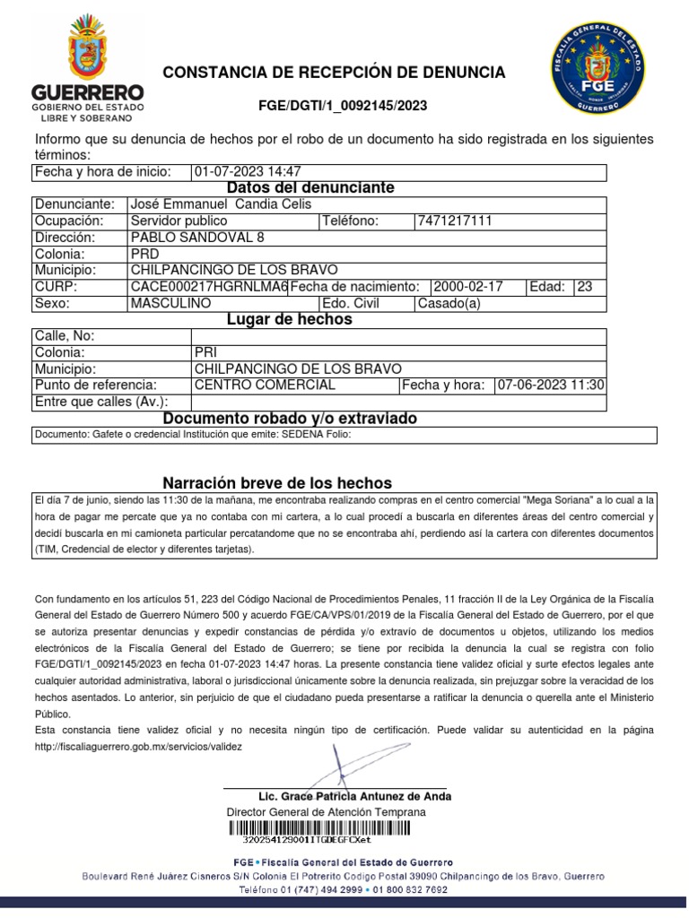 Constancia De Recepcion De Denuncia