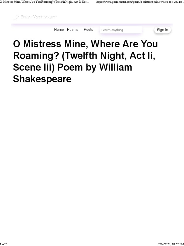 O Mistress Mine, Where Are You Roaming? (Twelfth Night, Act Ii, Scene ...