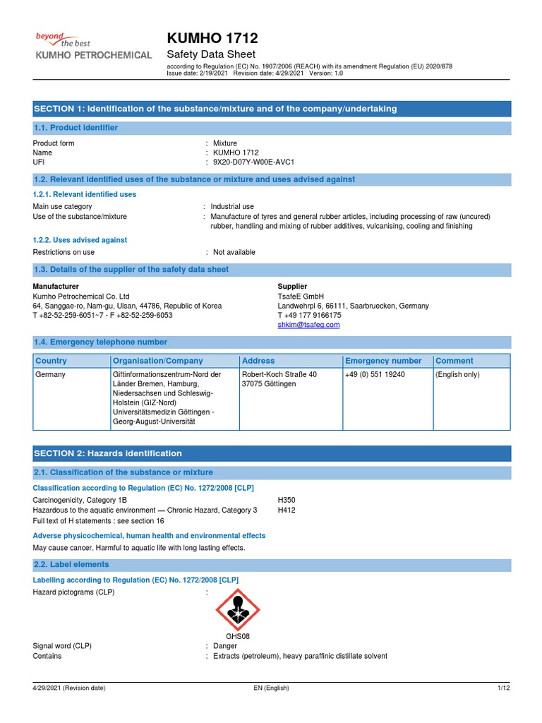 Kumho 1712 - SDS - Eng | PDF | Toxicity | Solubility