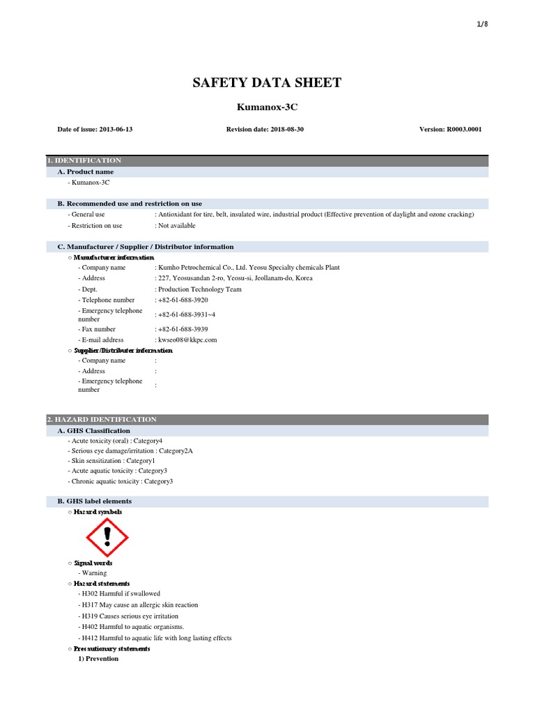 Kumanox-3C MSDS (EN) | PDF | Dangerous Goods | Occupational Safety And Health
