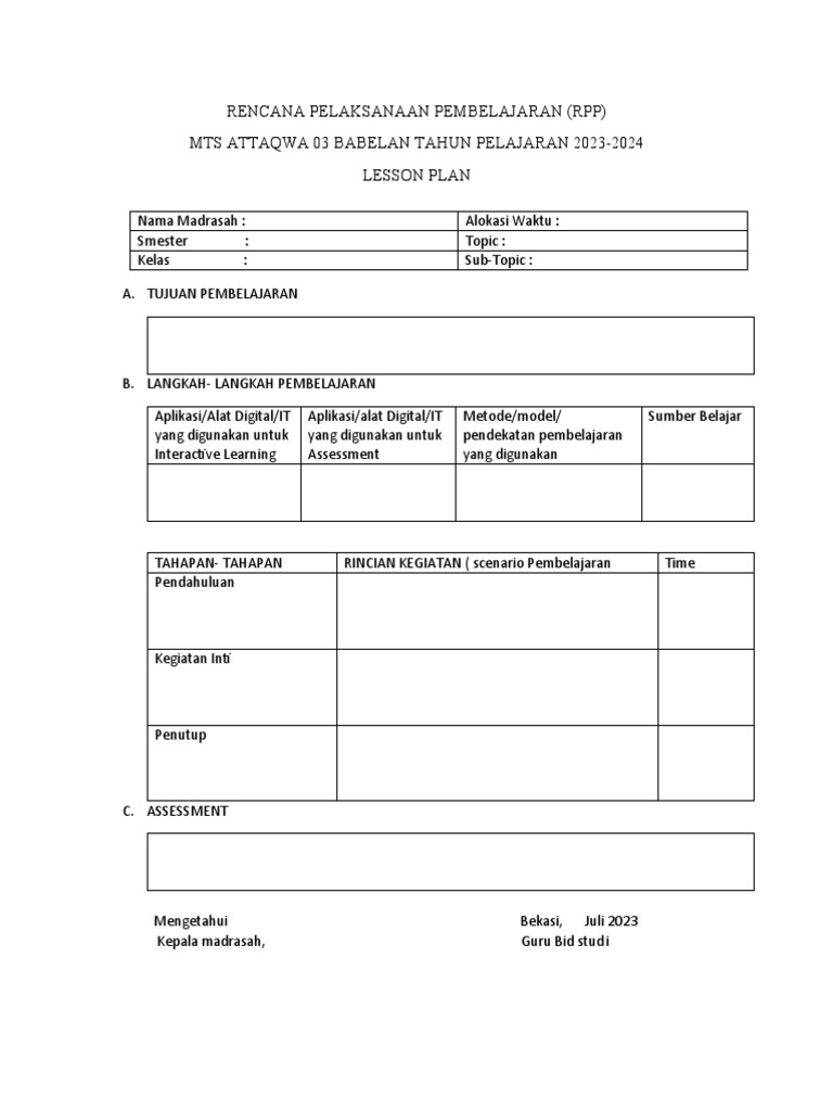 Contoh BLANKO RPP 1 LEMBAR | PDF