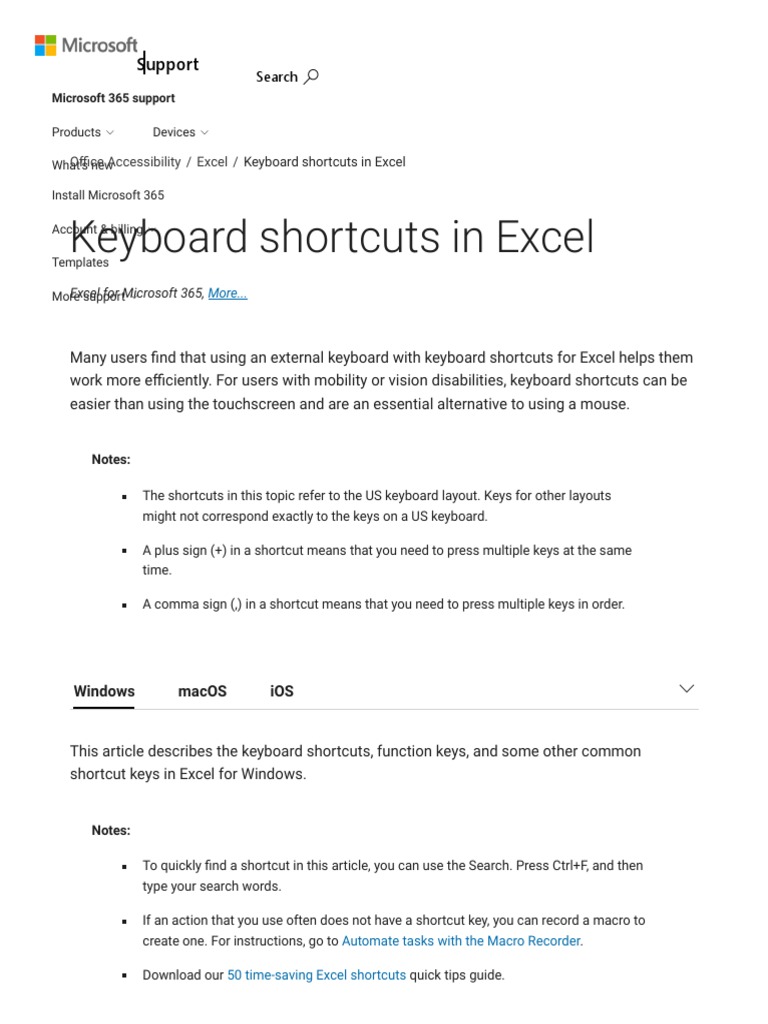 Keyboard Shortcuts in Excel - Microsoft Support | PDF | Microsoft Excel | Computer Keyboard
