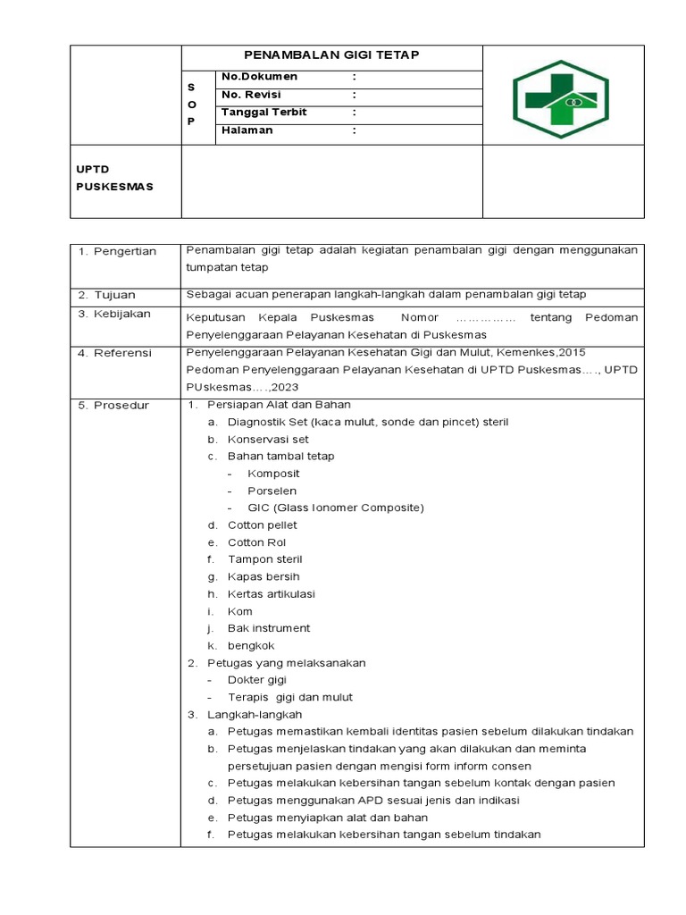 Sop Penambalan Gigi Tetap | PDF