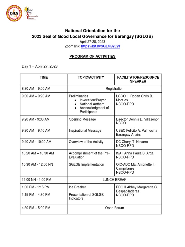2023 SGLGB National Orientation Agenda | PDF
