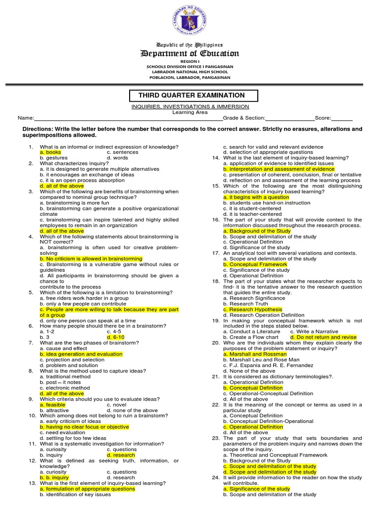 III Q3 EXAM Answer Key | PDF | Brainstorming | Experiment