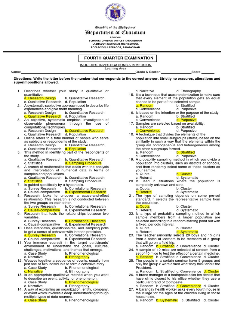 III Q4 EXAM Answer Key | PDF | Sampling (Statistics) | Statistics