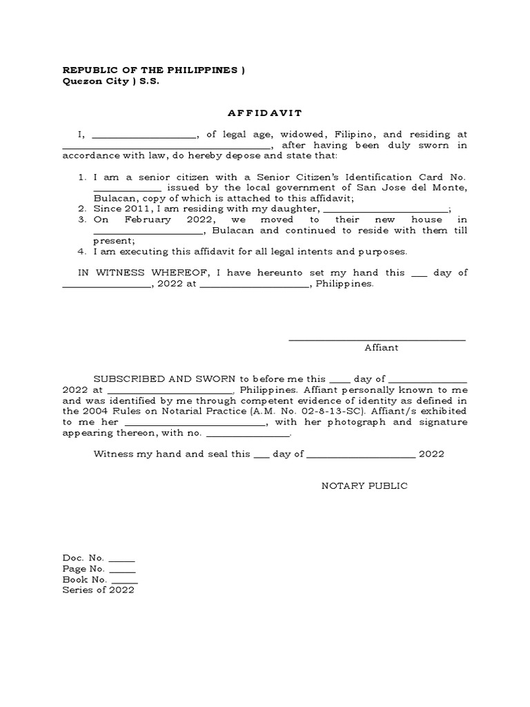 Republic of The Philippines) Quezon City) S.S. Affidavit | PDF