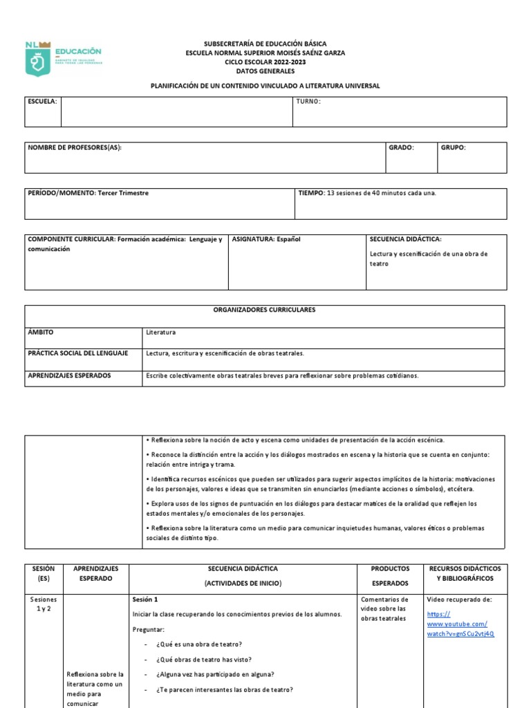 Planificación de Teatro Escolar | PDF | Teatro | Romeo y Julieta