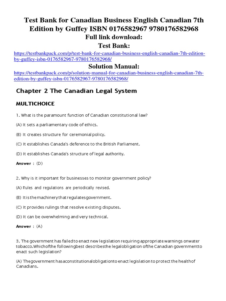 Canadian Business English Canadian 7th Edition by Guffey ISBN Test Bank ...