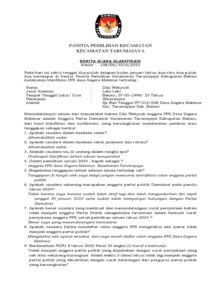BA Klarifikasi - DIki Wahyudi | PDF | Politik | Olahraga & Rekreasi