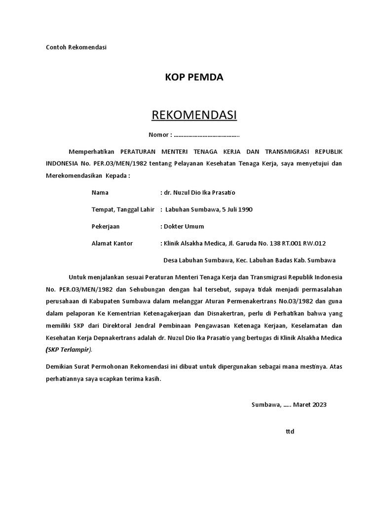 Contoh Rekomendasi PEMDA | PDF