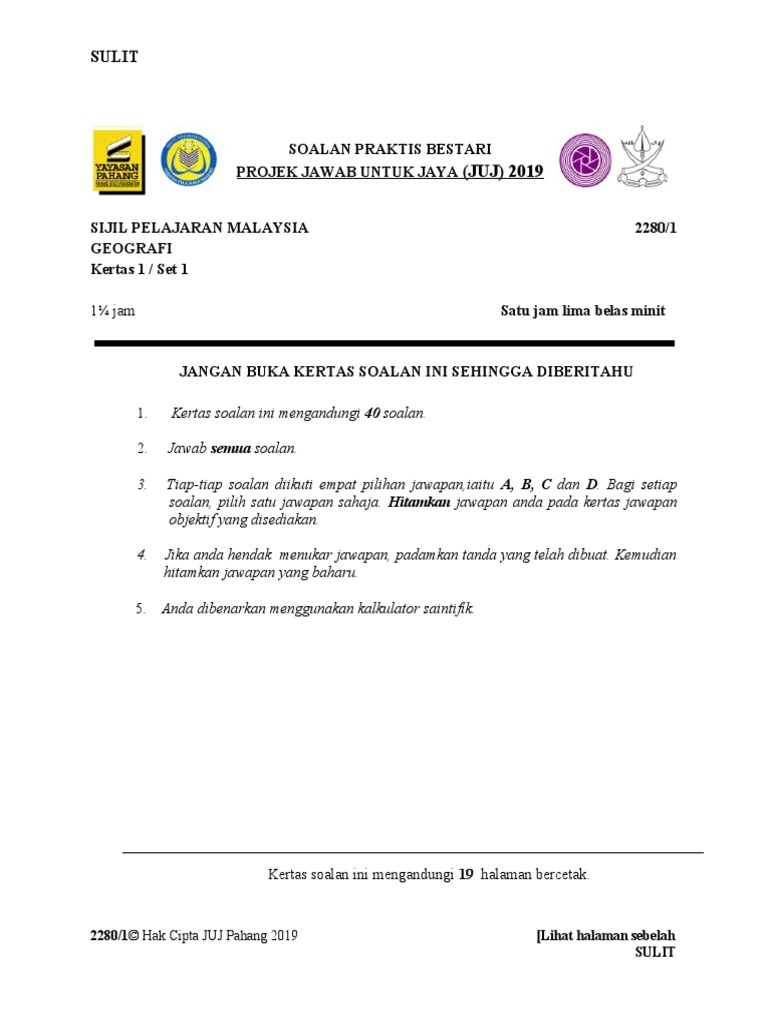 Geografi K1 Trial SPM Pahang 2019 Set 1 | PDF