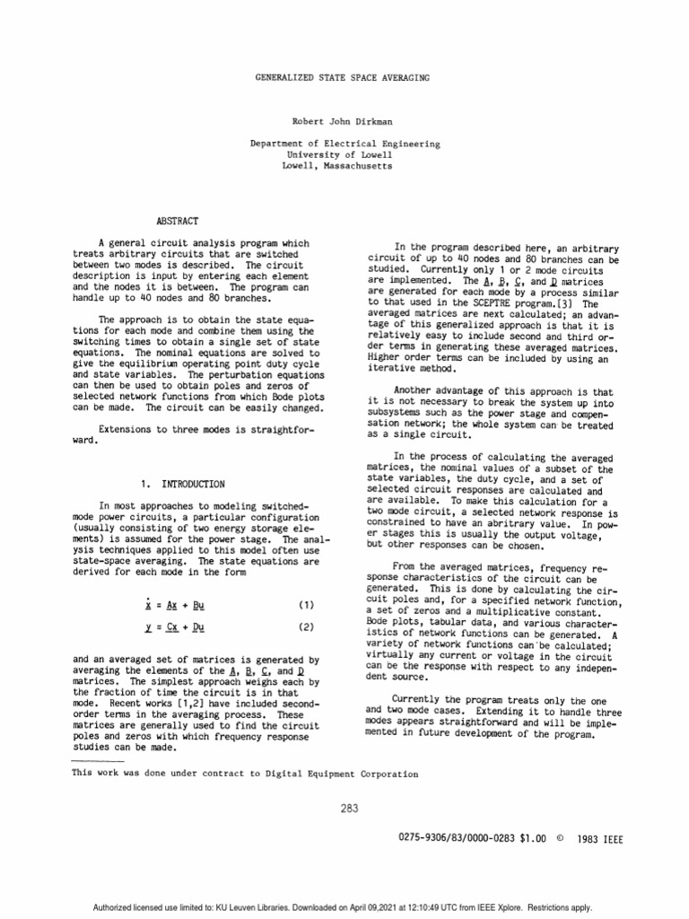 Generalized State Space Averaging Pdf Matrix Mathematics Electrical Network