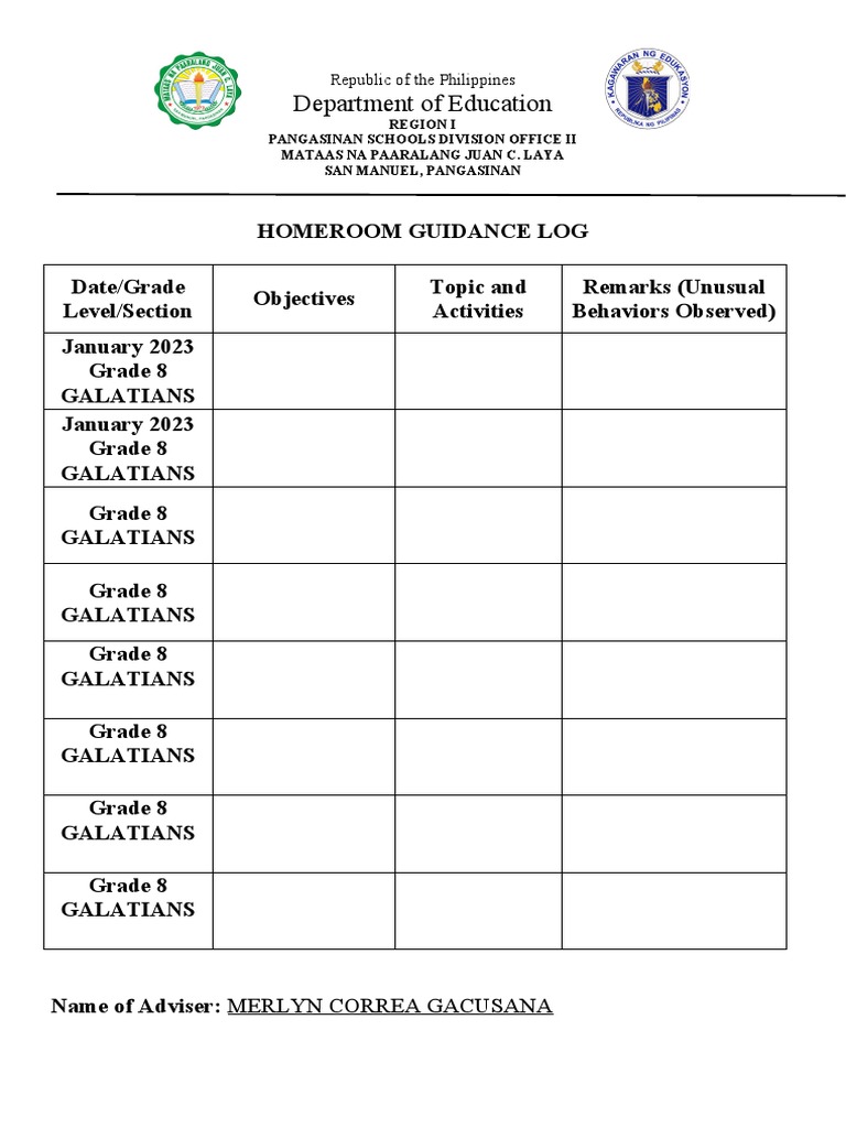 Homeroom Guidance Log Template Portrait | PDF