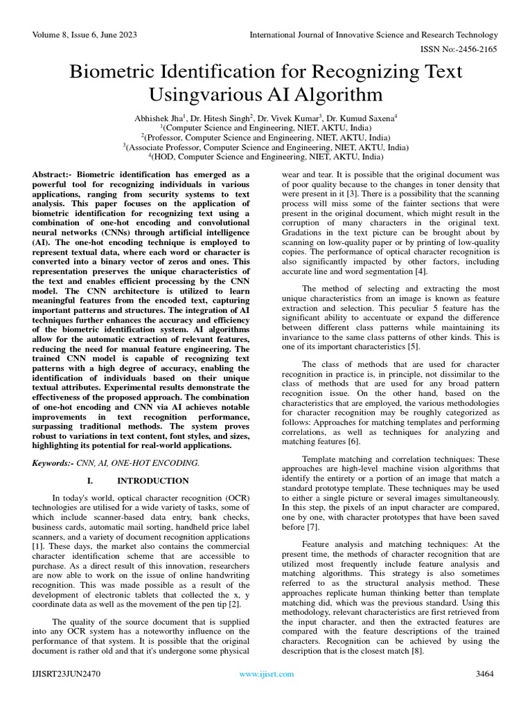 Biometric Identification For Recognizing Text Usingvarious AI Algorithm | PDF | Optical ...