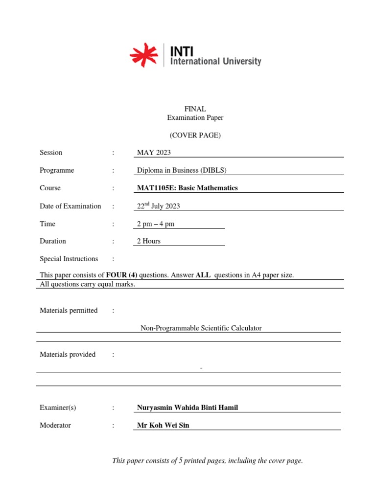 Final Exam Question Paper MAT1105E | PDF | Quadratic Equation | Equations