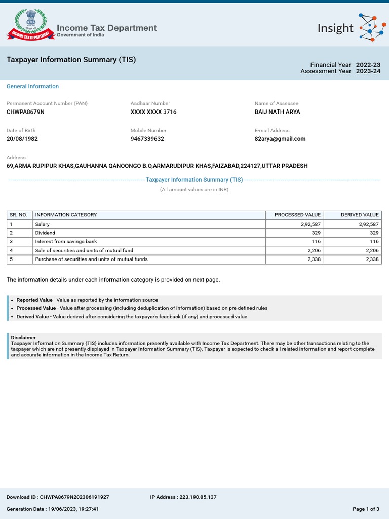 Taxpayer Information Summary (TIS) | PDF | Dividend | Taxpayer