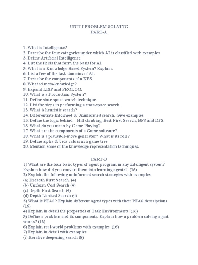 UNIT I PROBLEM SOLVING - Important Question Bank | PDF | Artificial ...