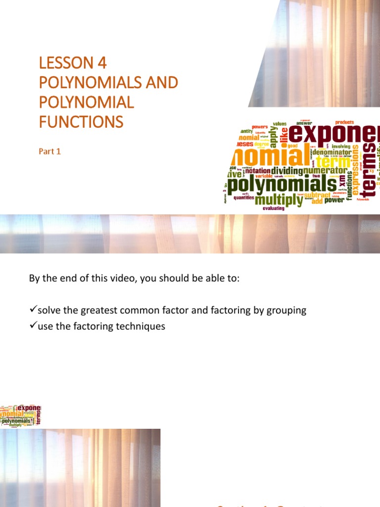Lesson 4 Part 1 | PDF | Factorization | Polynomial