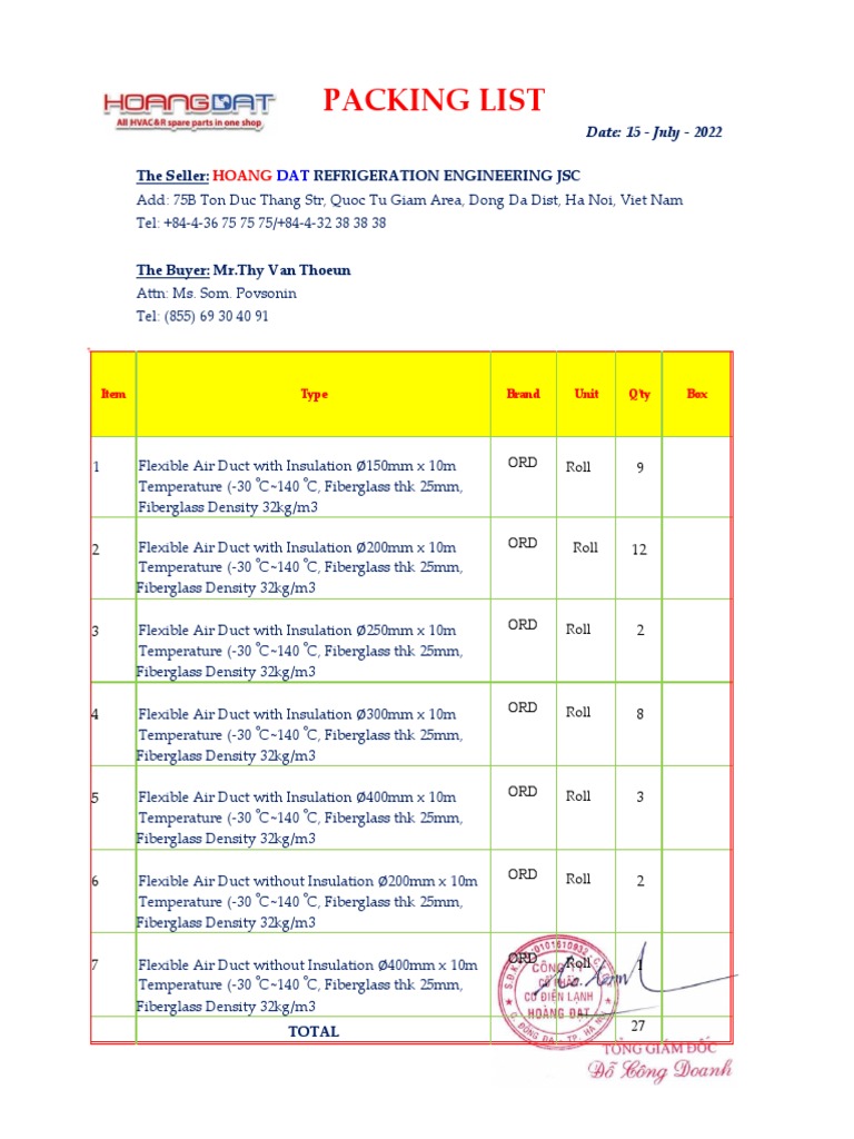 Packing List (PO 22.0040) | PDF