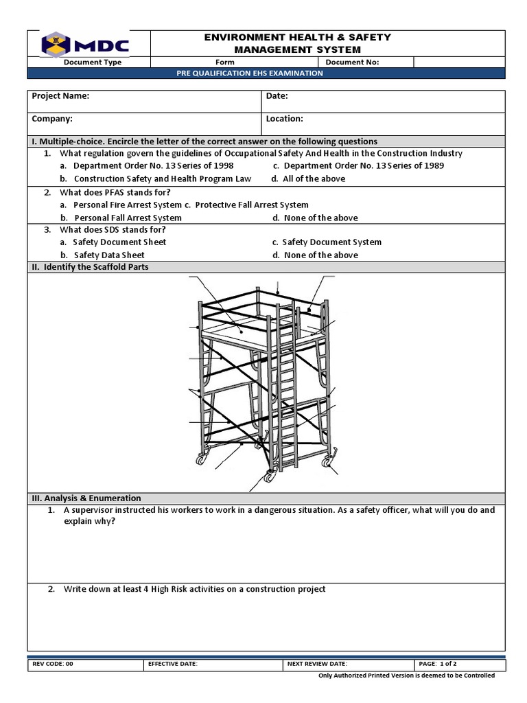 EHS Pre Qualification Examination | PDF | Occupational Safety And ...