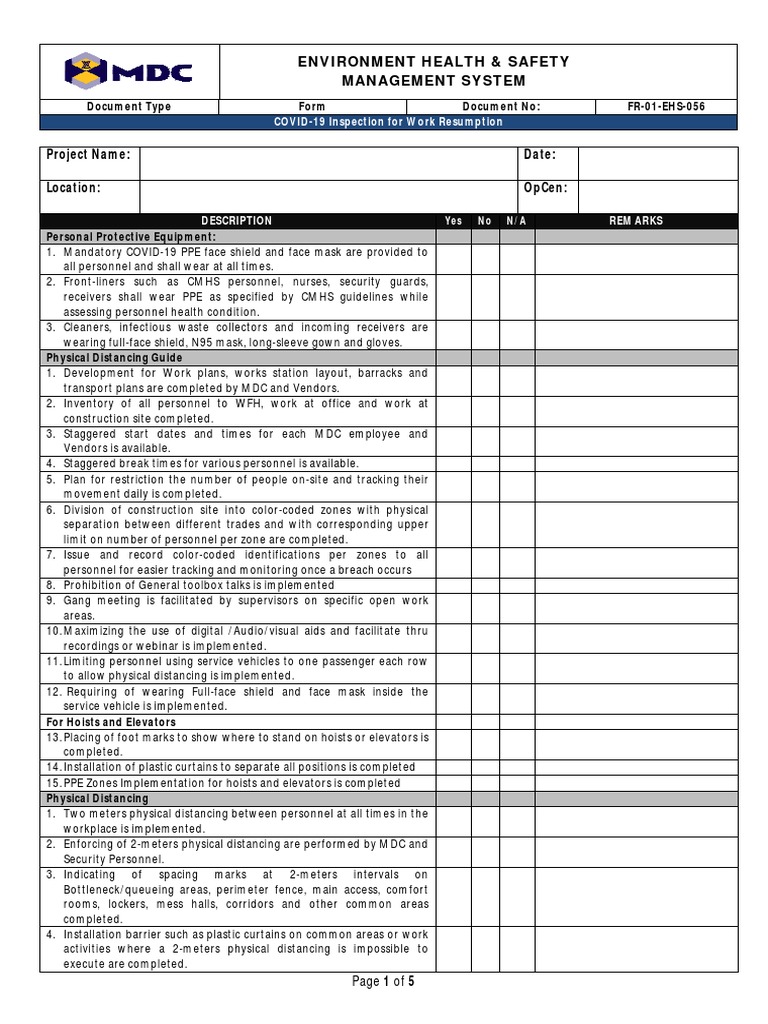 FR-01-EHS-056 MDC COVID-19 Inspection For Work Resumption | PDF | Hand ...