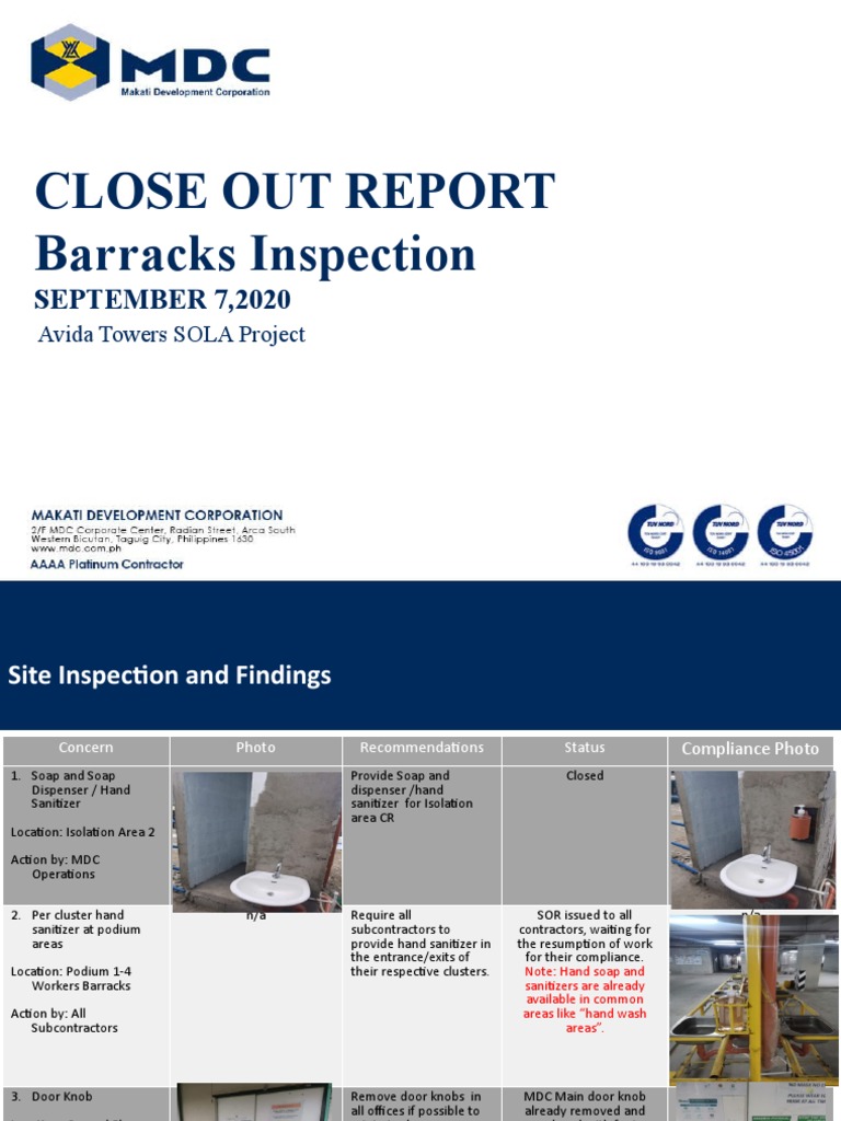 Close Out Report For Barracks Inspection | Download Free PDF | Safety