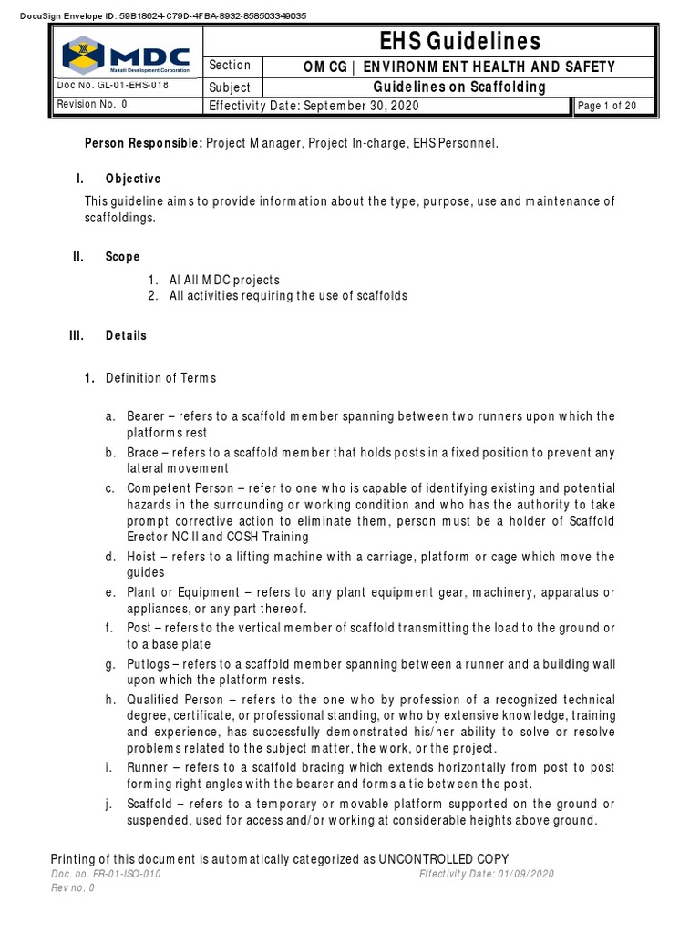 Scaffolding Safety Guidelines EHS | PDF | Scaffolding | Elevator