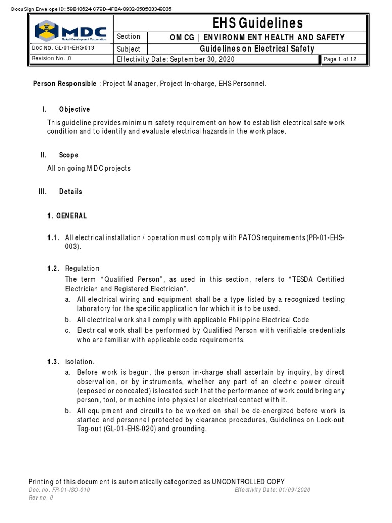 GL-01-EHS-019 Guidelines On Electrical Safety | PDF | Ac Power Plugs ...