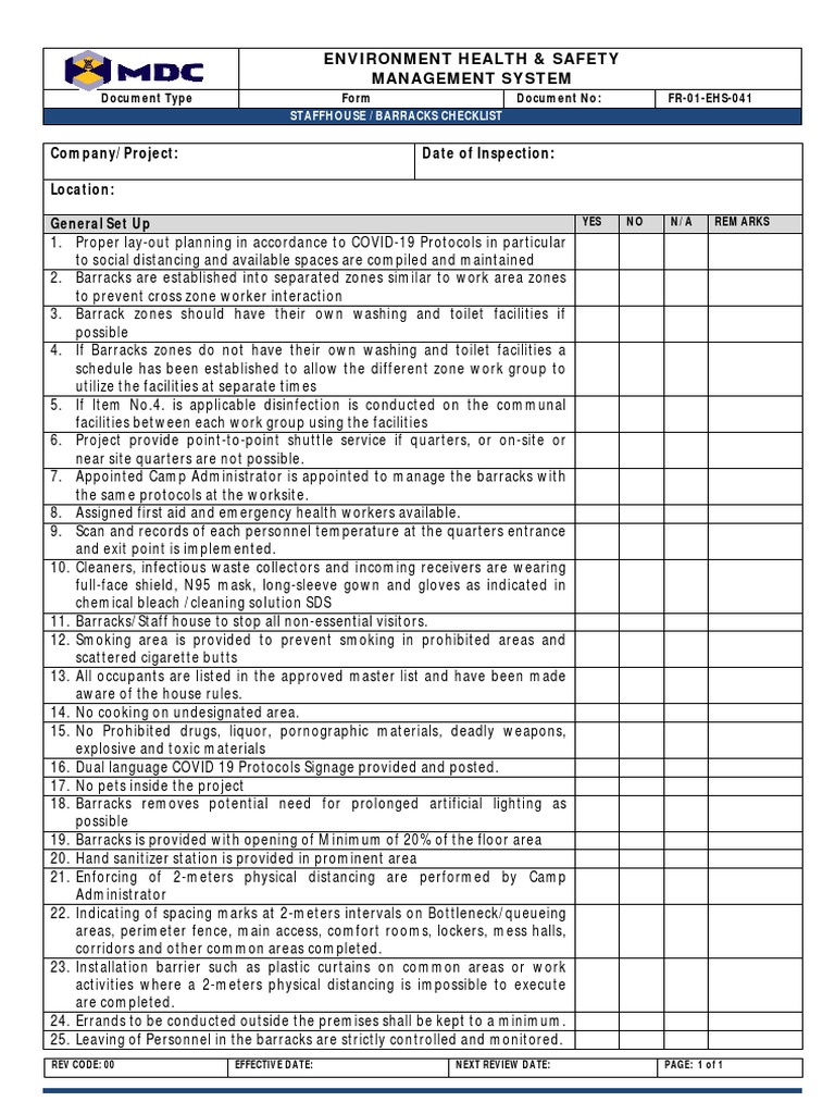 FR-01-EHS-041 Staffhouse Barracks Inspection Checklist | PDF | Toilet ...