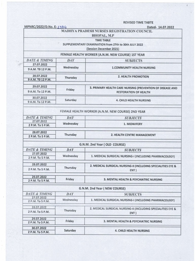 Supply Exam Time Table 2021 | PDF | Nursing | Medical Specialties