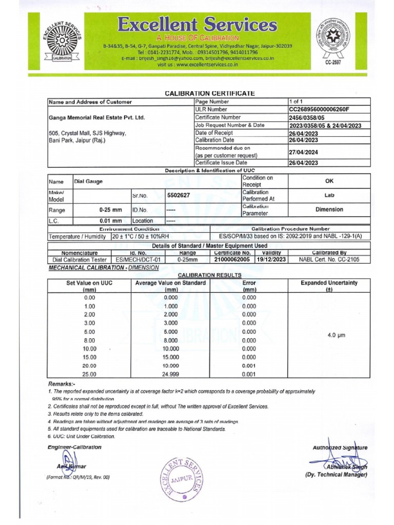 Calibration Certificate of Dial Gauge | PDF | Technology & Engineering