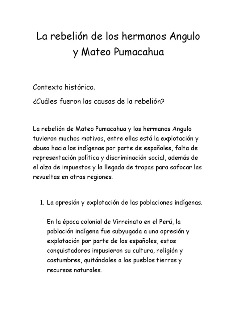 La Rebelión de Los Hermanos Angulo y Mateo Pumacahua | PDF | Nueva ...