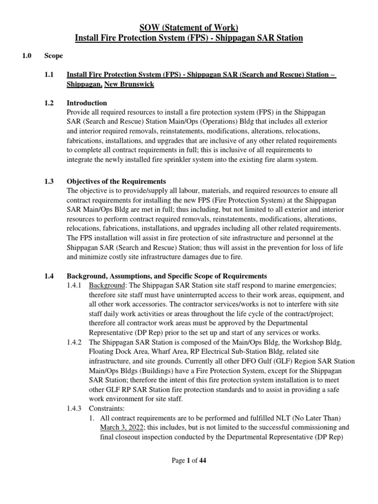 SOW (Statement of Work) Install Fire Protection System (FPS) - Shippagan SAR Station | PDF ...