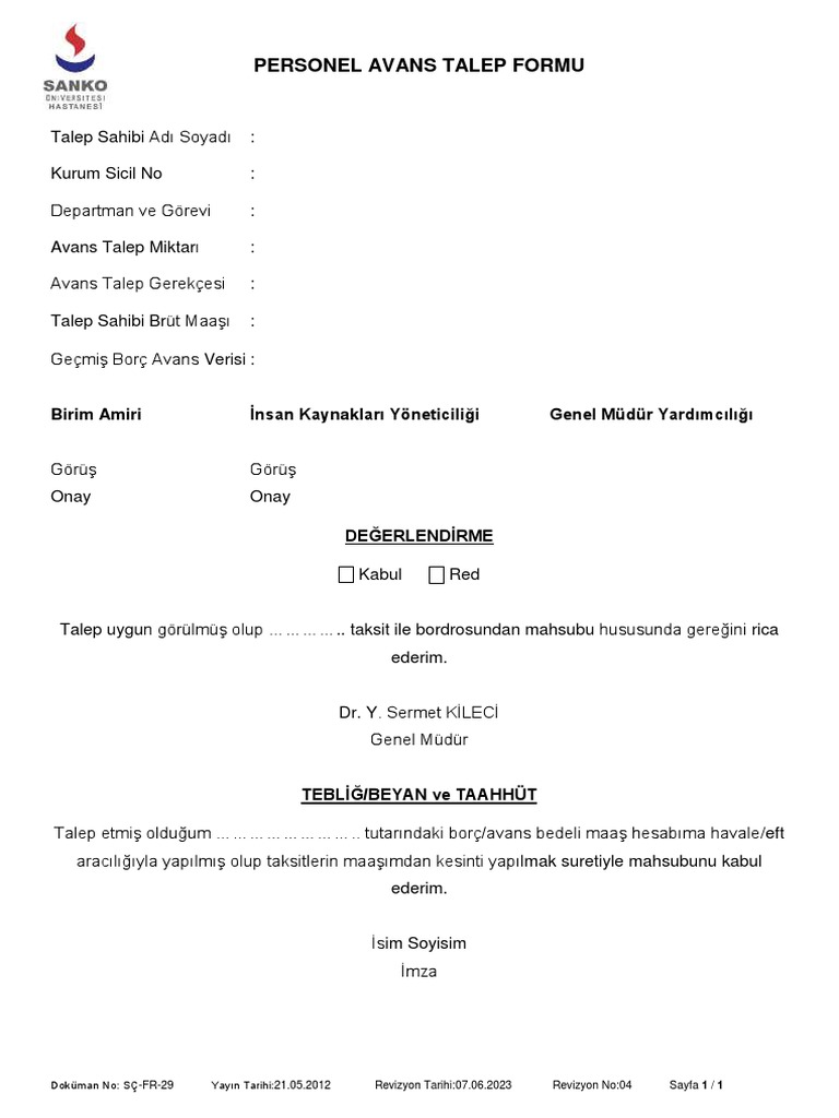 SÇ-FR-29 Borç Avans Formu | PDF