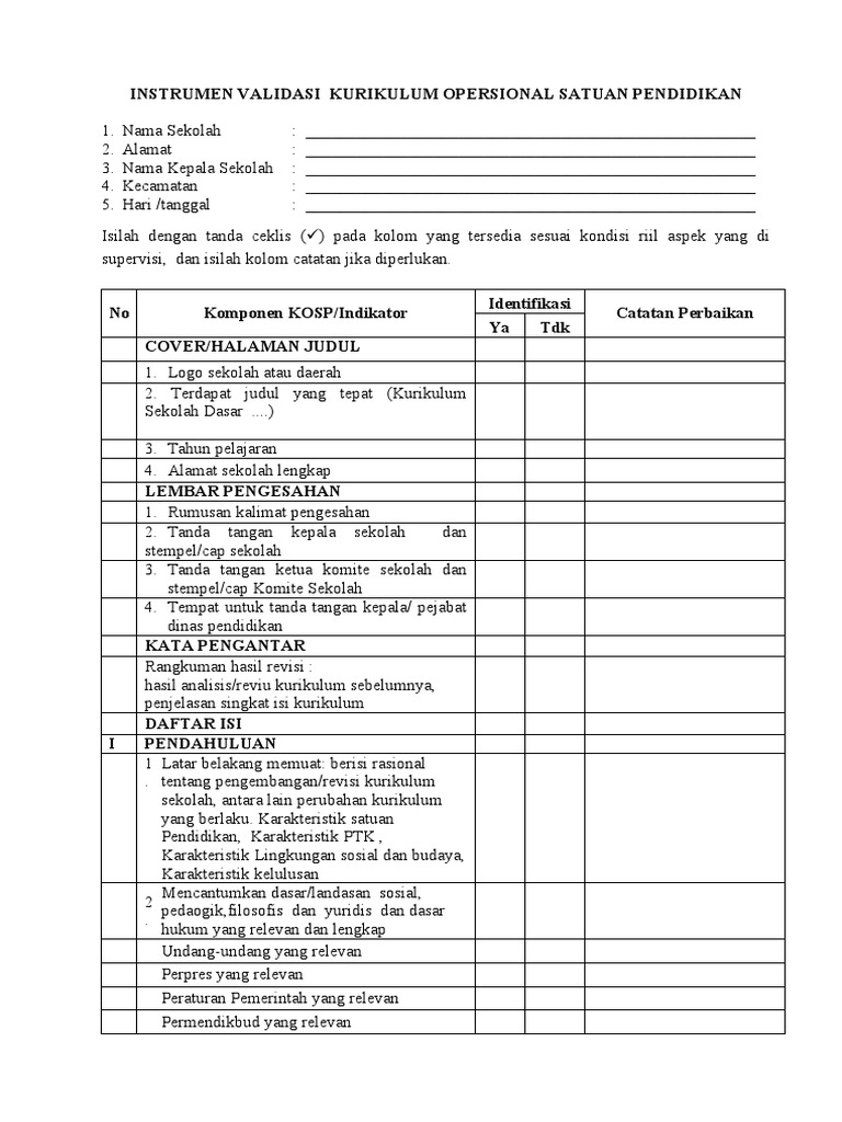 Instrumen Validasi Kosp Kurikulum | PDF