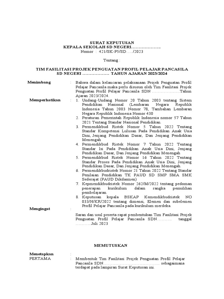 SK Tim Fasilitasi P5 Tahun Ajaran 2023/2024 | PDF | Seni