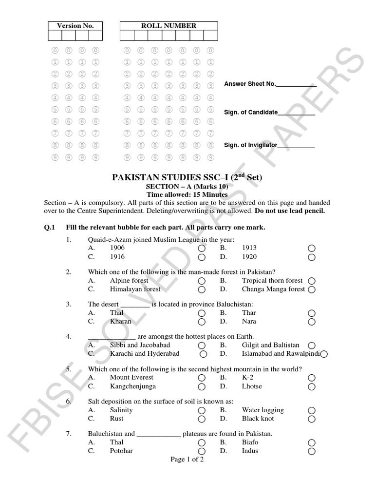 Class 9 Pakistan Studies Model Paper 2 | PDF | Pakistan | Muhammad Ali ...