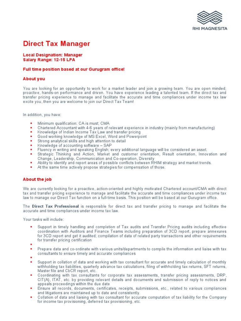 Direct Tax Manager Position in Gurugram | PDF | Taxes | Audit