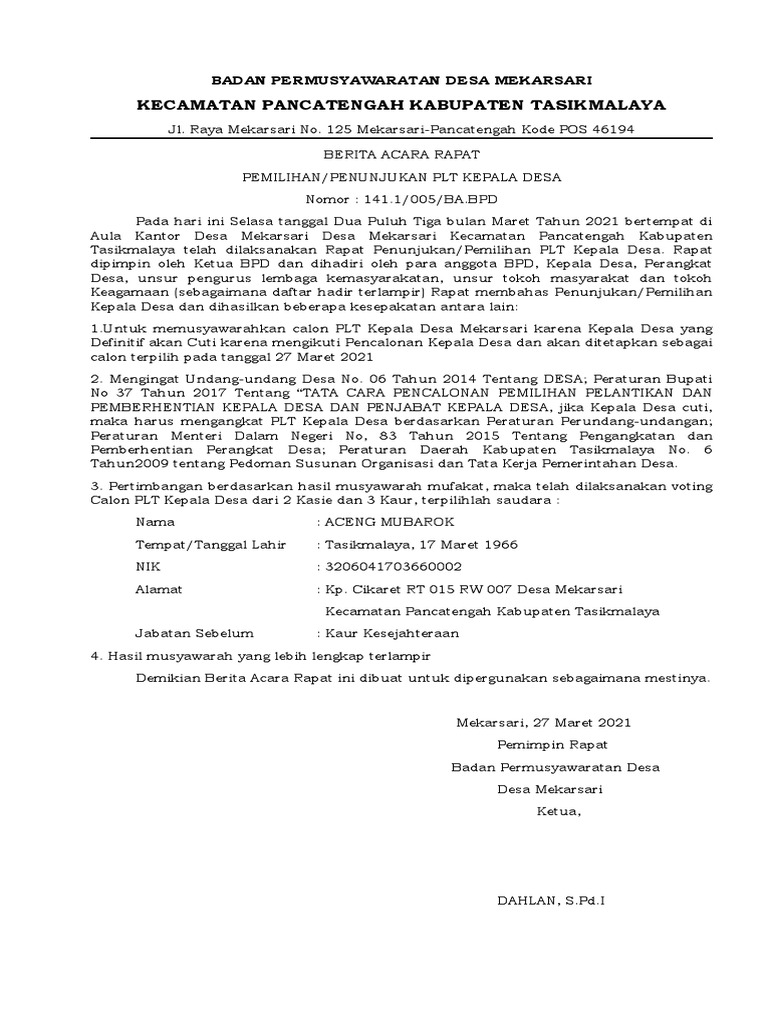 Berita Acara Musyawarah Penunjukan PLT Kades Mekarsari 2021 | PDF