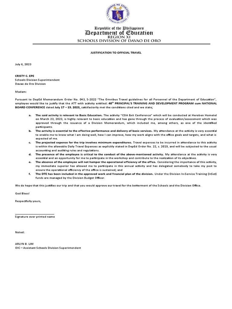 Official Travel Justification Template | PDF | Economies | Business