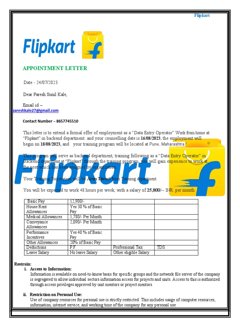 Appointment Letter of (Flipkart) | PDF | Breach Of Contract | Private Law