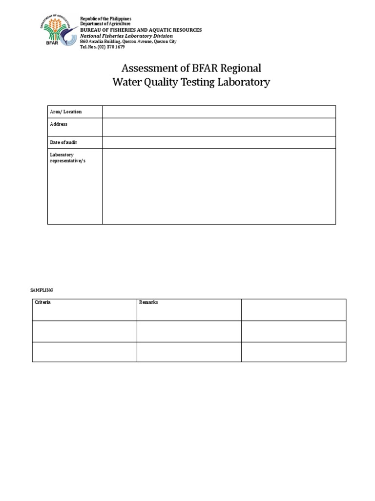 Assessment Form For BFAR Regional Water Quality Monitoring Laboratory | PDF