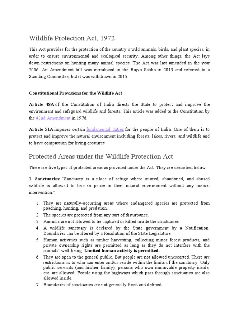 Wildlife Protection Act - Synopsis | PDF | Wildlife | Hunting Wildlife Protection Act - Synopsis | PDF | Wildlife | Hunting