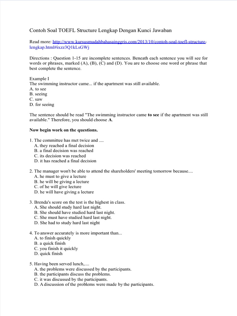 Dokumen - Tips Contoh Soal TOEFL Structure Lengkap Dengan Kunci Jawaban | PDF